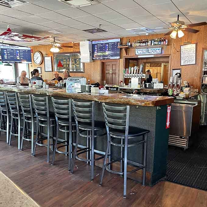 Bar seating with a view of the taps means you can watch your beer being poured while anticipating those famous tips.