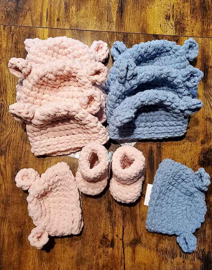 Crocheted baby accessories softer than clouds, perfect for spoiling grandchildren without breaking the bank entirely.