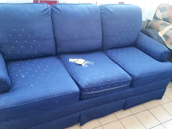 Blue sofa with subtle polka dots &ndash; slightly loved but ready for new stories. The perfect spot for Sunday naps and Netflix marathons.