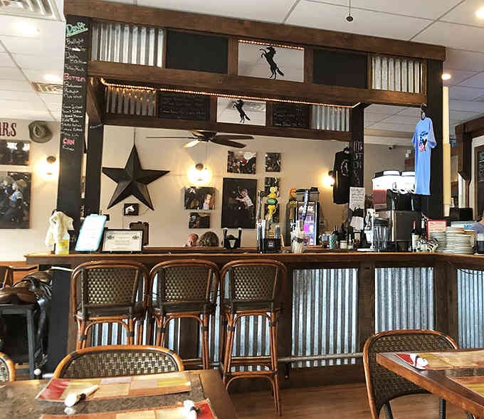 The counter area blends rustic corrugated metal with homey touches, perfectly balancing function and character.