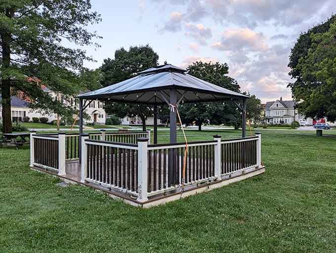 Currier Park's gazebo has witnessed countless community gatherings, summer concerts, and quiet moments of reflection in Barre's historic heart.