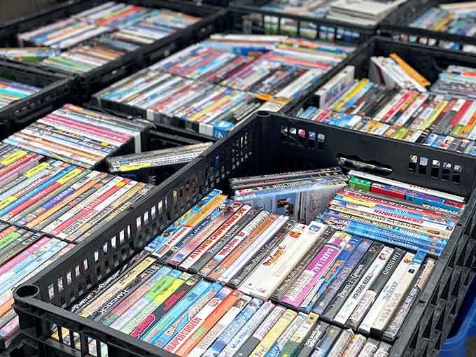 DVD collections fill bins with entertainment options, perfect for folks who prefer owning movies over endless subscription service scrolling.