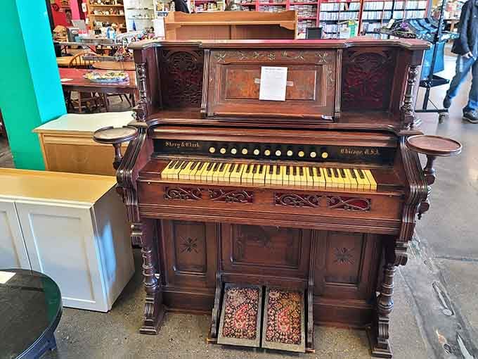 An ornate antique organ stands ready to serenade, its carved wood details telling stories of parlors past.