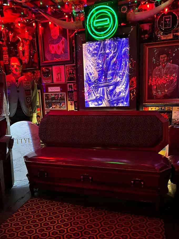 Yes, that's a coffin repurposed as seating because why wouldn't you sit in one?