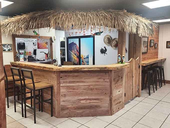 The counter topped with thatch roofing might be the most committed tropical fantasy in all of Minnesota dining.