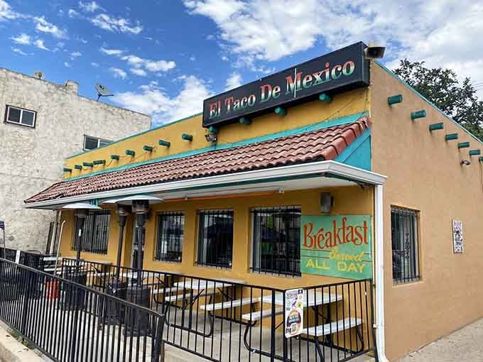 Even the outdoor seating area beckons with its cheerful yellow and turquoise paint, promising good times and great food.