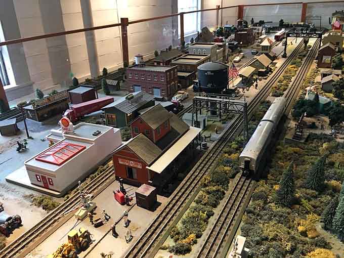 The intricate model train layout captures the romance of railroading in miniature, delighting enthusiasts of all ages with its detail.