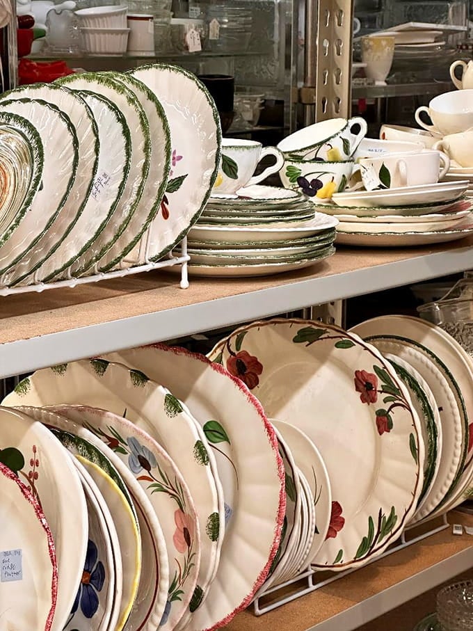 China patterns your grandmother would recognize instantly, each plate a portal to Sunday dinners past.