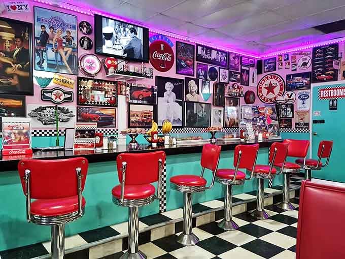 Belly up to this classic diner counter where chrome stools and vintage memorabilia make every meal feel special.