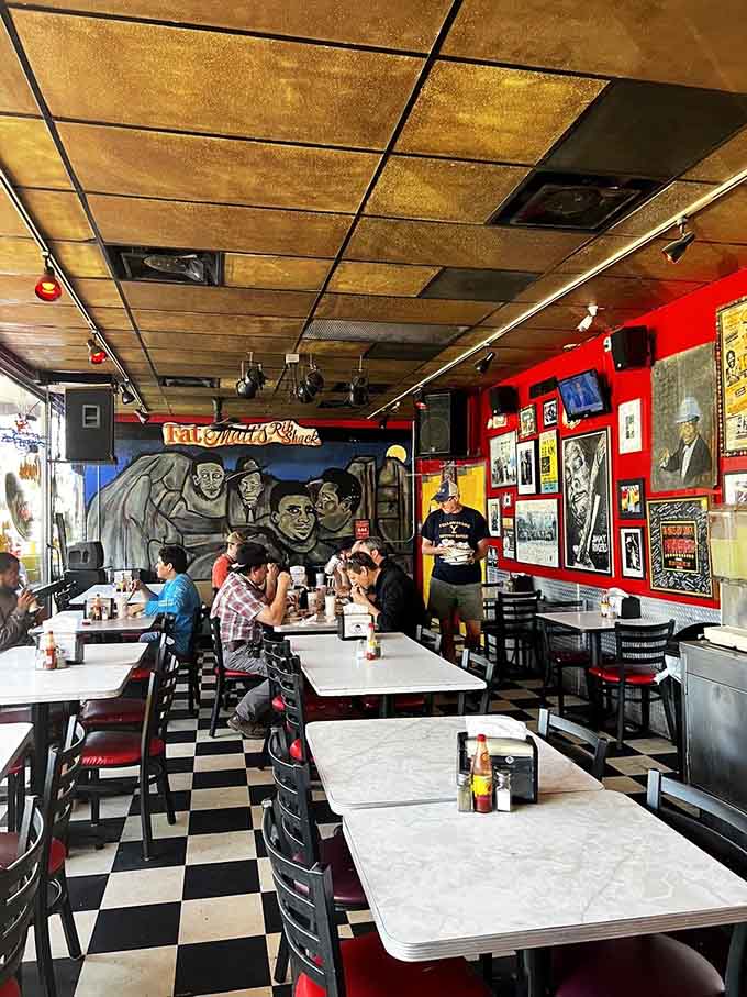 Murals and memorabilia cover every surface, turning dinner into a visual journey through blues history and local culture.