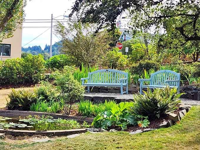 Garden benches offer peaceful spots to contemplate how much yard work wealthy Victorians delegated to their staff members and gardeners.