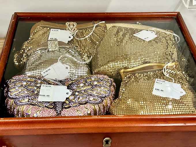 Vintage mesh purses gleaming like disco balls, ready to add serious sparkle to your next night out.