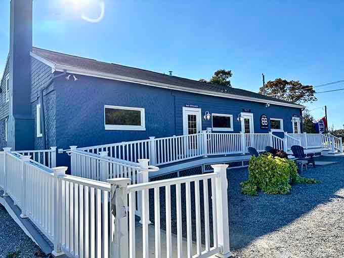 The welcoming exterior with its white railings and blue siding makes finding seafood happiness remarkably easy today.