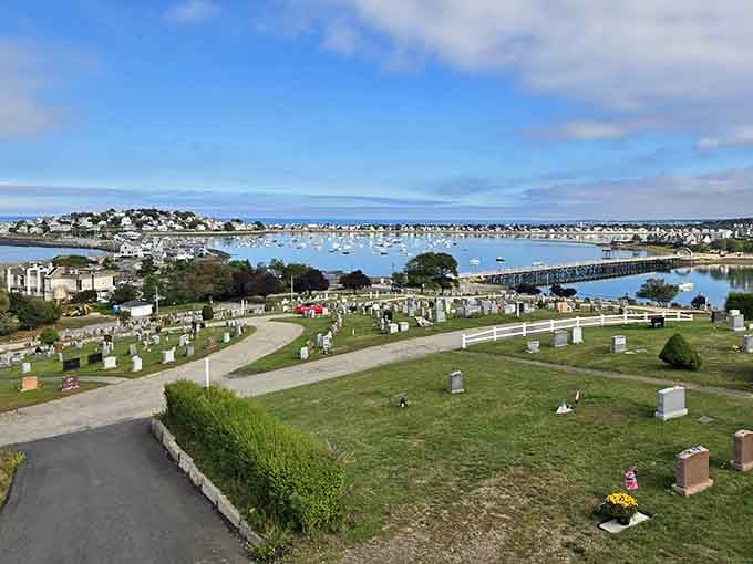 The cemetery view encompasses both land and sea, offering peaceful contemplation alongside some of Massachusetts' most stunning coastal panoramas.