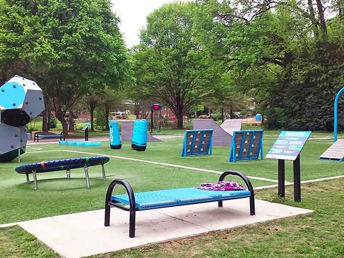 The modern recreational area blends fitness and fun, proving playgrounds aren't just for the elementary school set anymore.