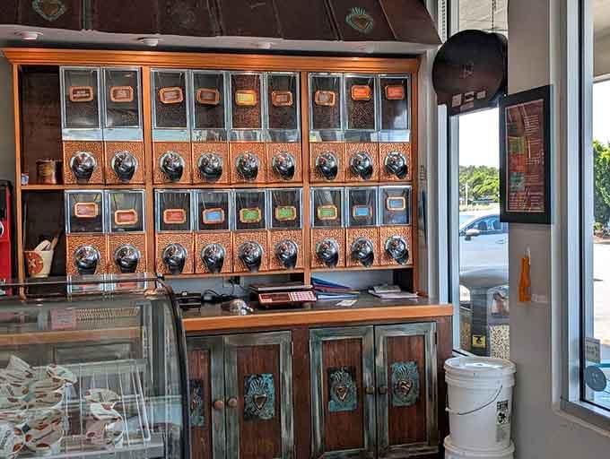 Coffee beans from around the world stored in vintage dispensers, turning caffeine selection into an adventure.