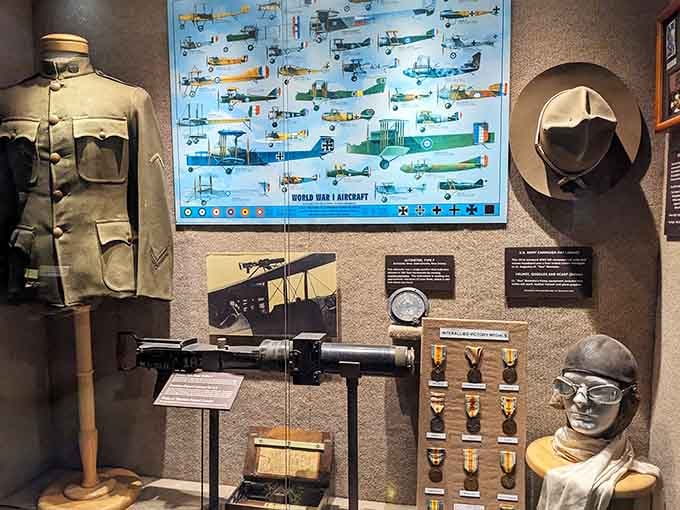 Military uniforms and equipment honor the brave pilots who flew dangerous missions during wartime conflicts.