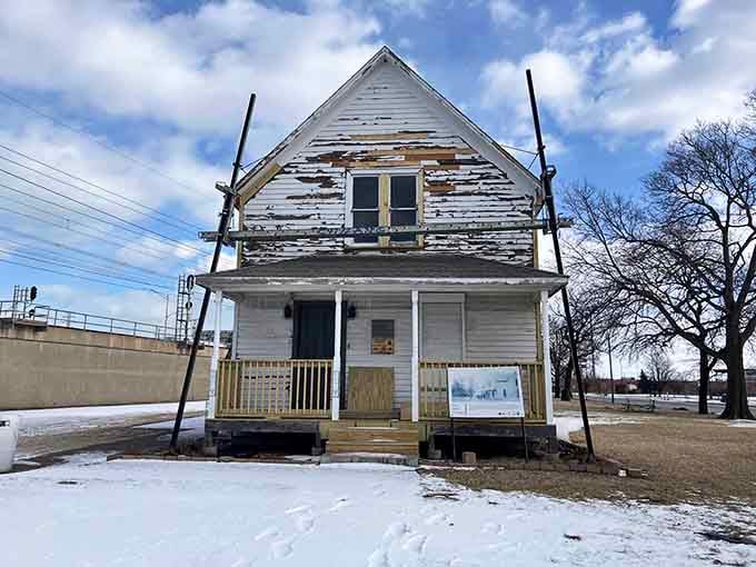 This historic building stands as a testament to Gary's glory days, now propped up by hope and structural prayers.