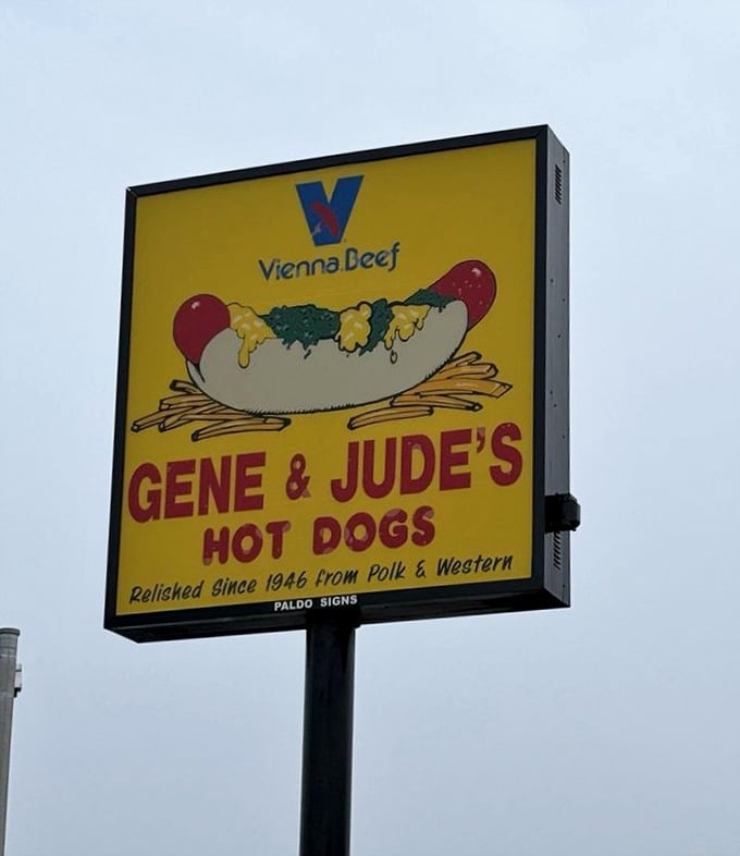 That vintage sign tells you everything: Vienna Beef hot dogs and a legacy of deliciousness since 1946.