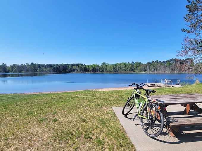 Gibson Lake Park offers biking trails and waterfront relaxation, perfect for those seeking active recreation or quiet contemplation.