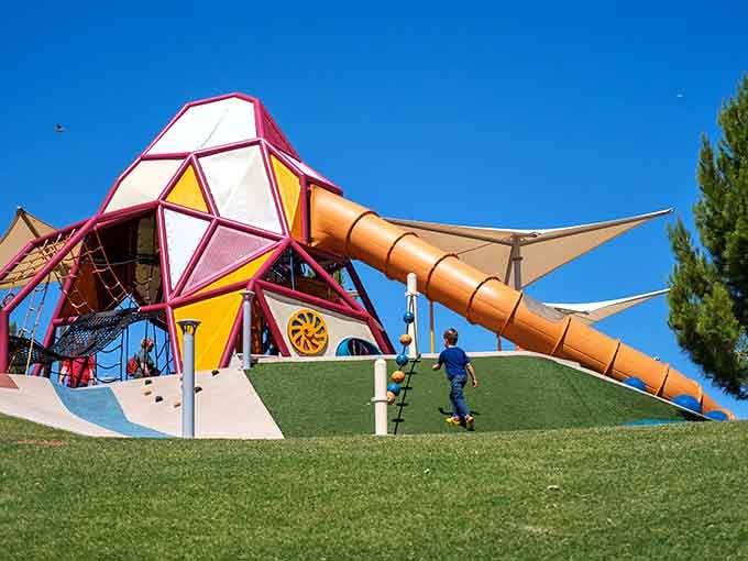 This geometric playground structure looks like something from a futuristic movie but delivers old-fashioned fun and thrills.