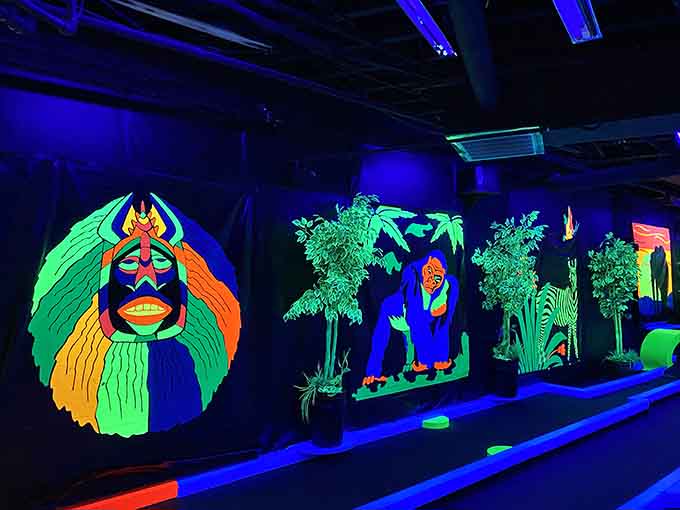 Vibrant murals featuring mystical faces watch over the course, adding an artistic dimension to your athletic endeavors here.