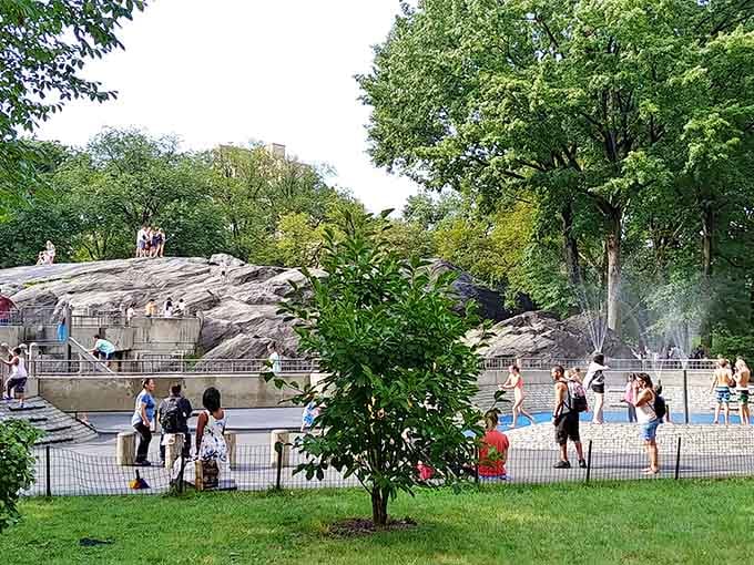 Lush greenery surrounds the water play area, creating an oasis where nature and recreation blend beautifully together in Manhattan.