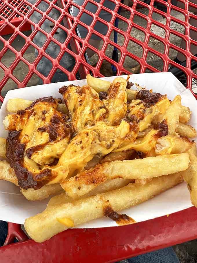 Cheese fries loaded with enough melted goodness to make your cardiologist schedule an intervention, but your taste buds throw a parade.