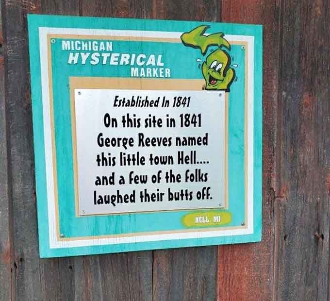 Michigan's Hysterical Marker tells the town's naming story with appropriate humor&mdash;because regular historical markers are just too serious here.
