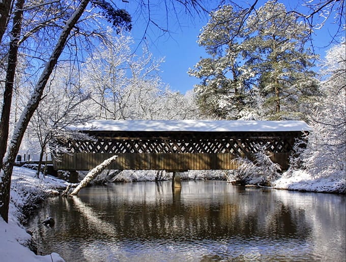 Winter snow transforms the bridge into a Currier and Ives print come to life, minus the horse-drawn sleighs unfortunately.