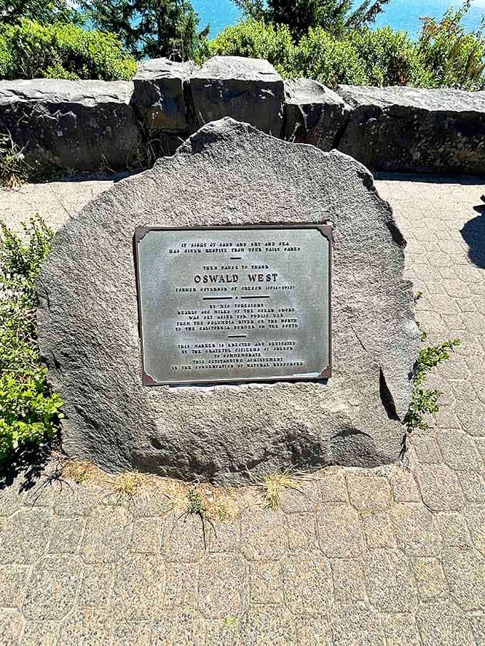 This memorial plaque honors the man who ensured Oregon's beaches belong to everyone. Democracy looks pretty good in beach form.