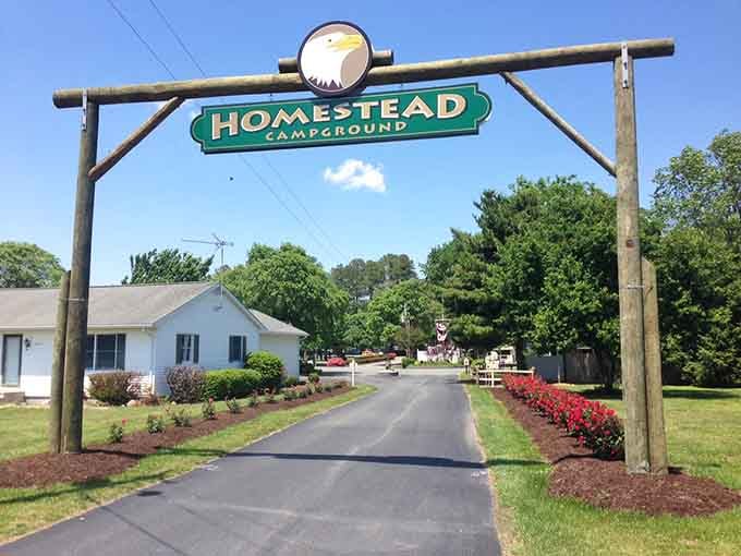 Homestead Campground welcomes outdoor enthusiasts with a picture-perfect entrance that practically whispers, "Your s'mores and ghost stories will be better here."