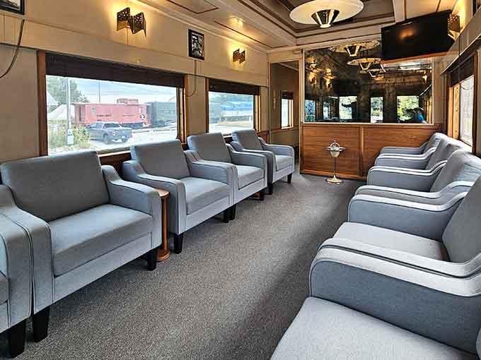 The elegant lounge car interior offers a glimpse of first-class rail travel when getting there was half the pleasure of any journey.