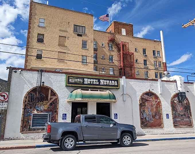 The Hotel Nevada's façade combines vintage charm with Wild West flair, proving that what happens in Ely has been happening for decades.
