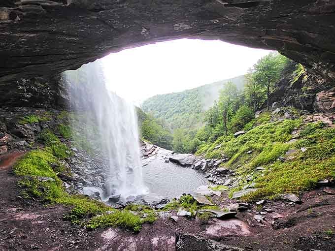 Behind the falls, a natural rock overhang creates a hidden viewing spot framing the cascade perfectly.