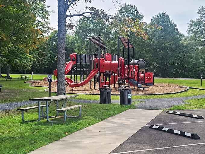 The park comes equipped with a playground, because apparently some kids need a warmup before the main event.
