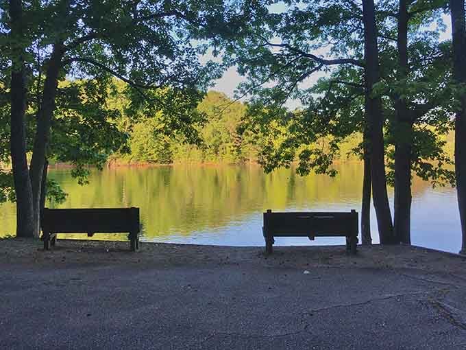 Lakeside benches positioned for sunset watching where golden light transforms ordinary evenings into Instagram-worthy moments without filters needed.