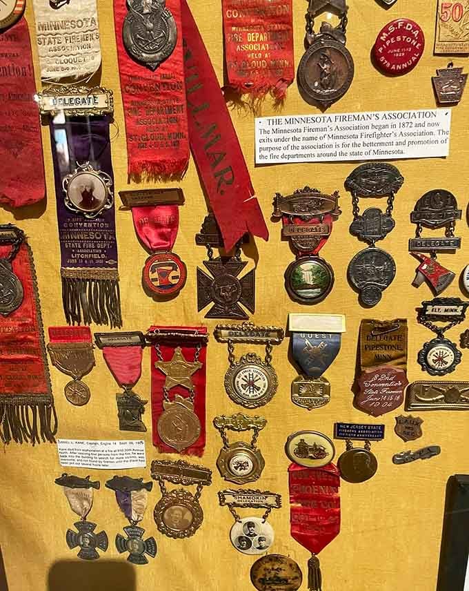 Medals and ribbons commemorate conventions, competitions, and camaraderie among those who served their communities with distinction.