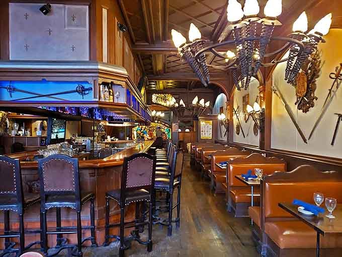 The Knight's Bar blends medieval decor with modern comfort, where suits of armor stand guard over craft cocktails.