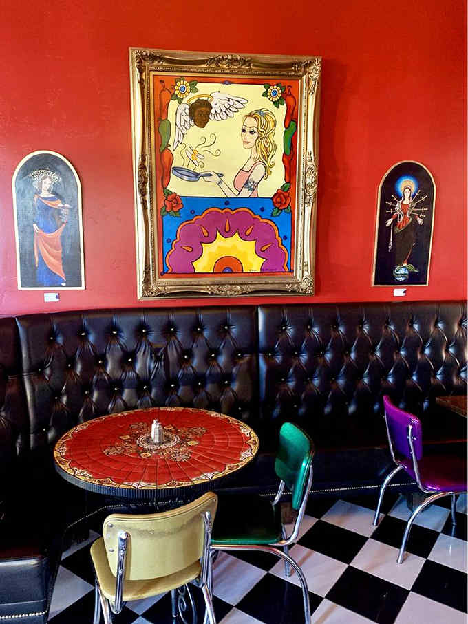Vibrant artwork adorns the walls, giving you something interesting to contemplate between bites of your delicious meal.