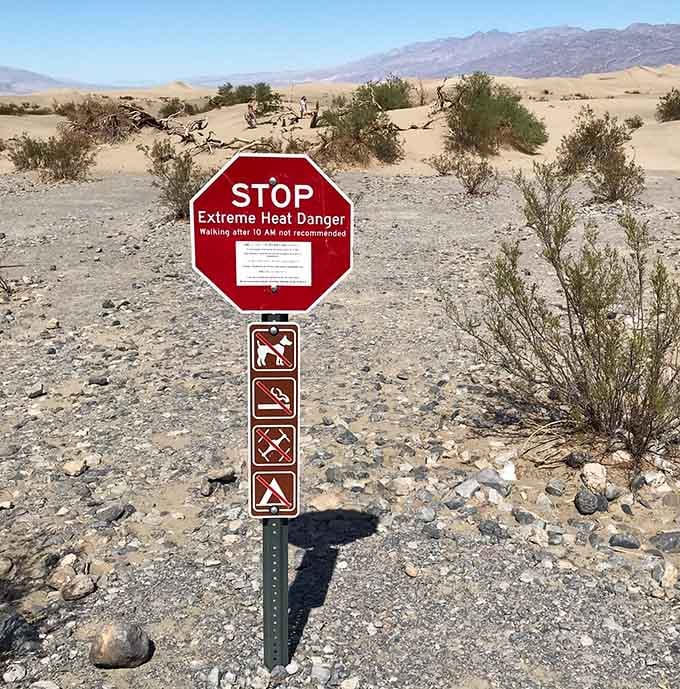 This warning sign isn't kidding around, Death Valley earned its dramatic name through some seriously scorching summer temperatures.