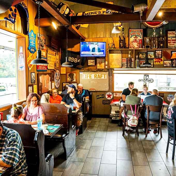 Dining room packed with happy people surrounded by enough memorabilia to stock three antique stores and a museum.