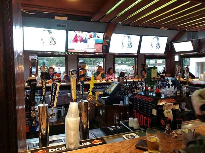 The bar area gleams with tap handles and bottles, ready to quench thirsts worked up from all that serious crab-picking manual labor.