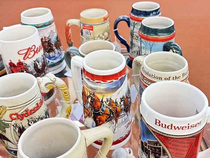 Budweiser steins gathered like old friends at a reunion, each one commemorating moments worth raising a glass to.