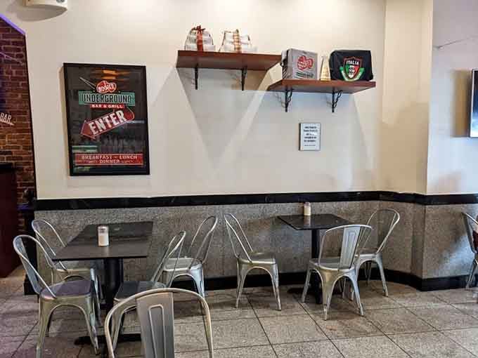 Metal chairs and marble tables create the perfect spot to enjoy your treats without rushing back outside.