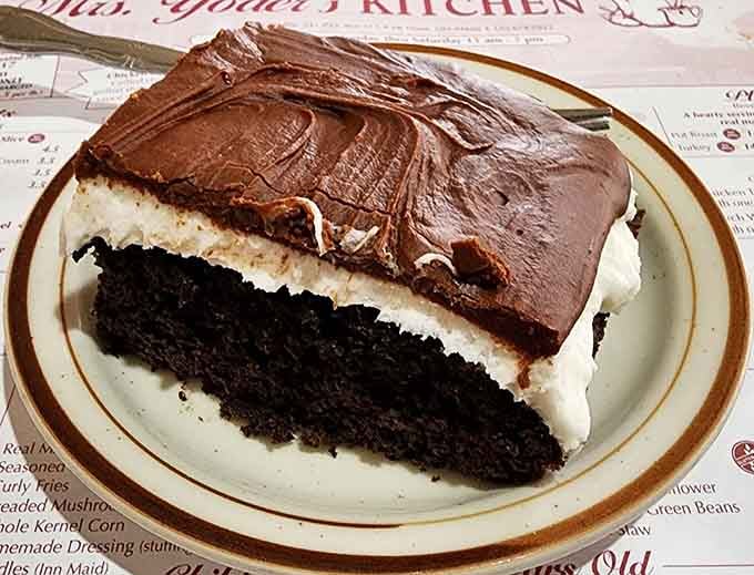 Chocolate cake layered with cream that could single-handedly justify the entire trip to Holmes County, Ohio.