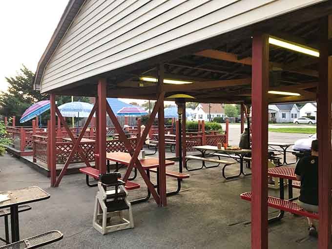 Covered outdoor seating means you can enjoy your meal rain or shine, because weather shouldn't interfere with tenderloin consumption.