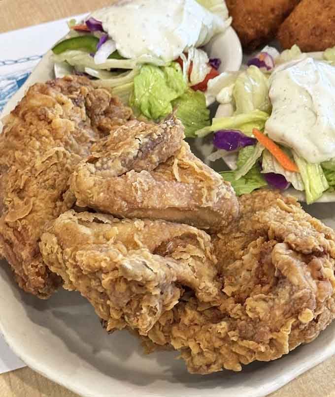 Fried chicken so good it holds its own against the seafood stars, crispy and juicy perfection.