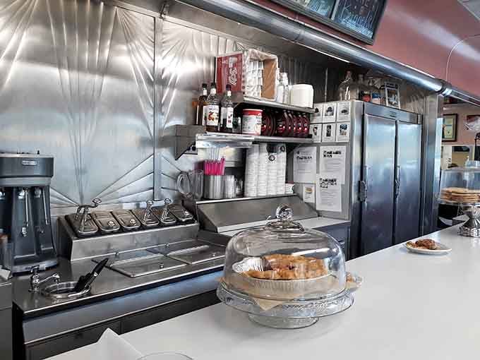 Behind the scenes, the prep station gleams with efficiency, where classic diner magic happens throughout every breakfast rush.