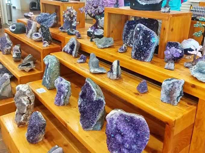 The gift shop's amethyst collection proves that what's underground here is just as spectacular as the caverns themselves.